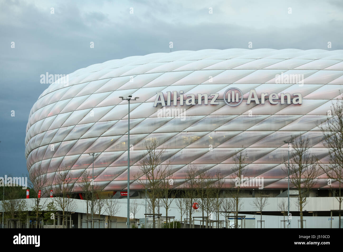 MUNICH, GERMANY - MAY 6, 2017 : A view of Allianz Arena on the Bayern ...