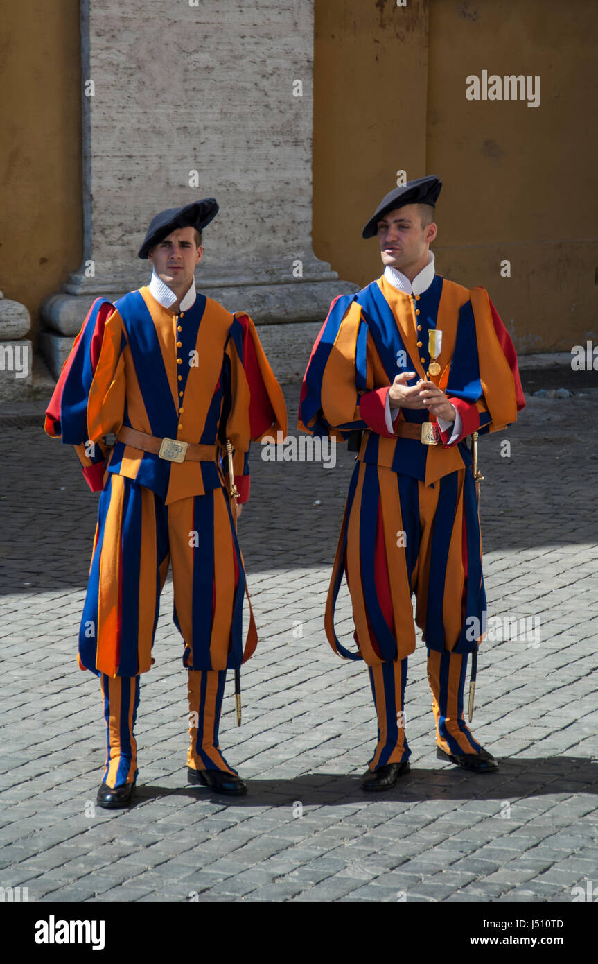 Two soldiers of the Vatican Swiss Guard outside St Peter's Basilica ...