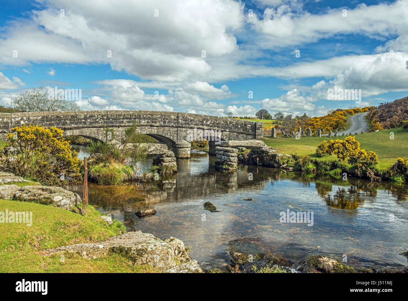 Bellever Clapper Bridge at Bellever, near Postbridge, Dartmoor, with ...