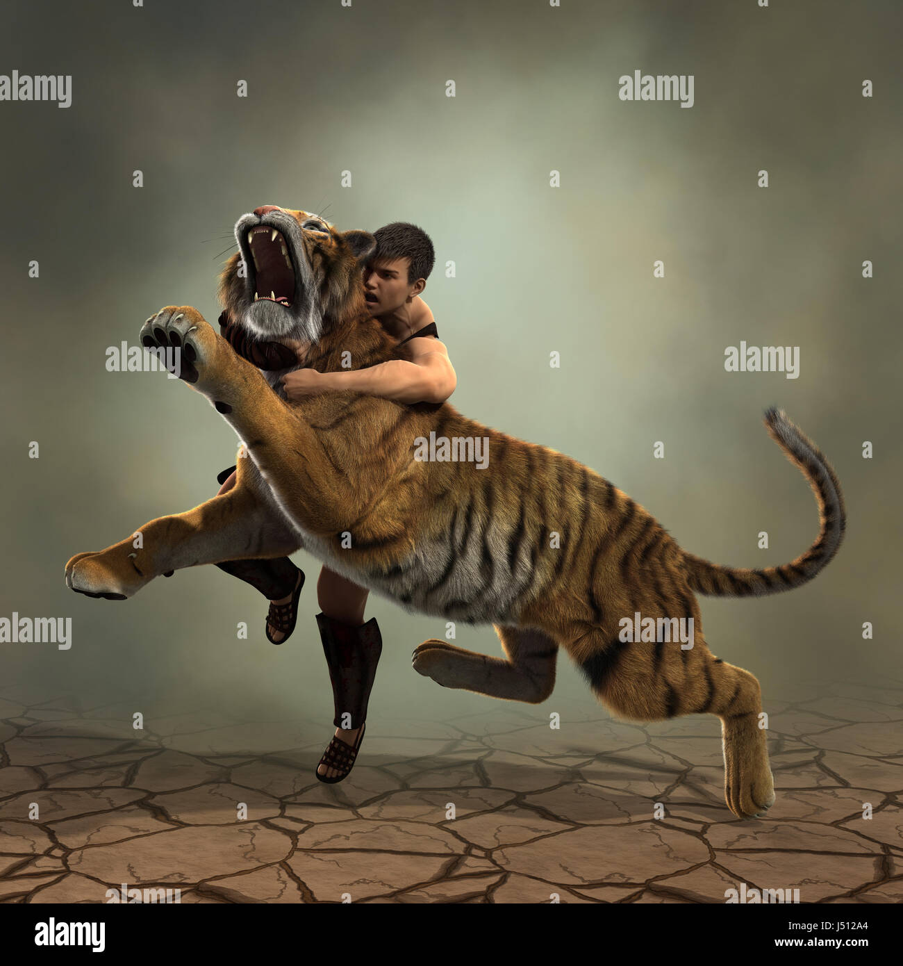 3D Illustration of a Gladiator fighting with a tiger Stock Photo - Alamy