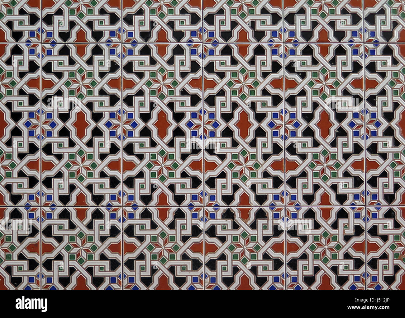 Closeup of Wall tiled with colorful floral geometricly paterned tiles ...