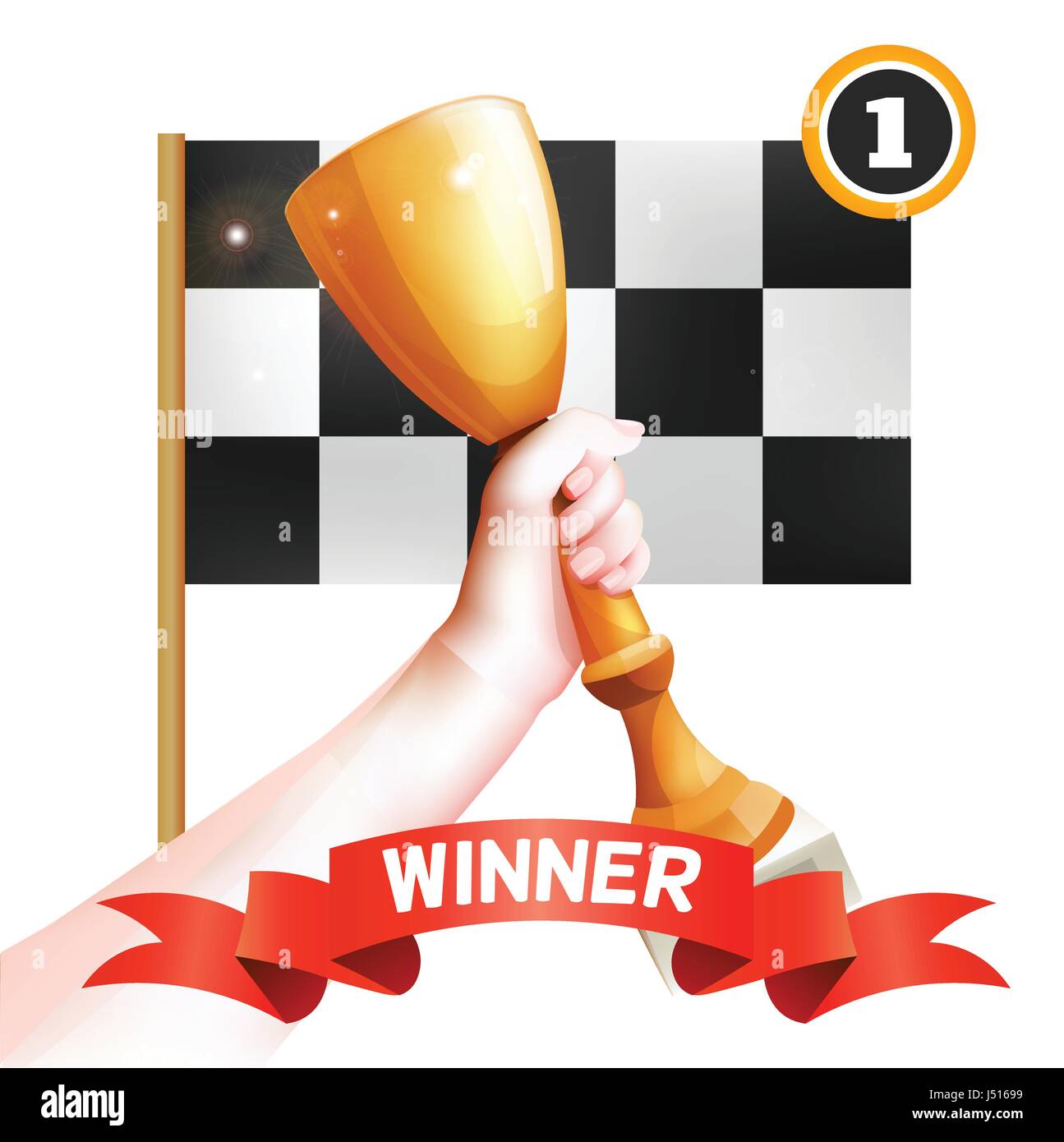 Hand Holding Up Trophy. Vector Winner Cup Illustration with Red Winner ...