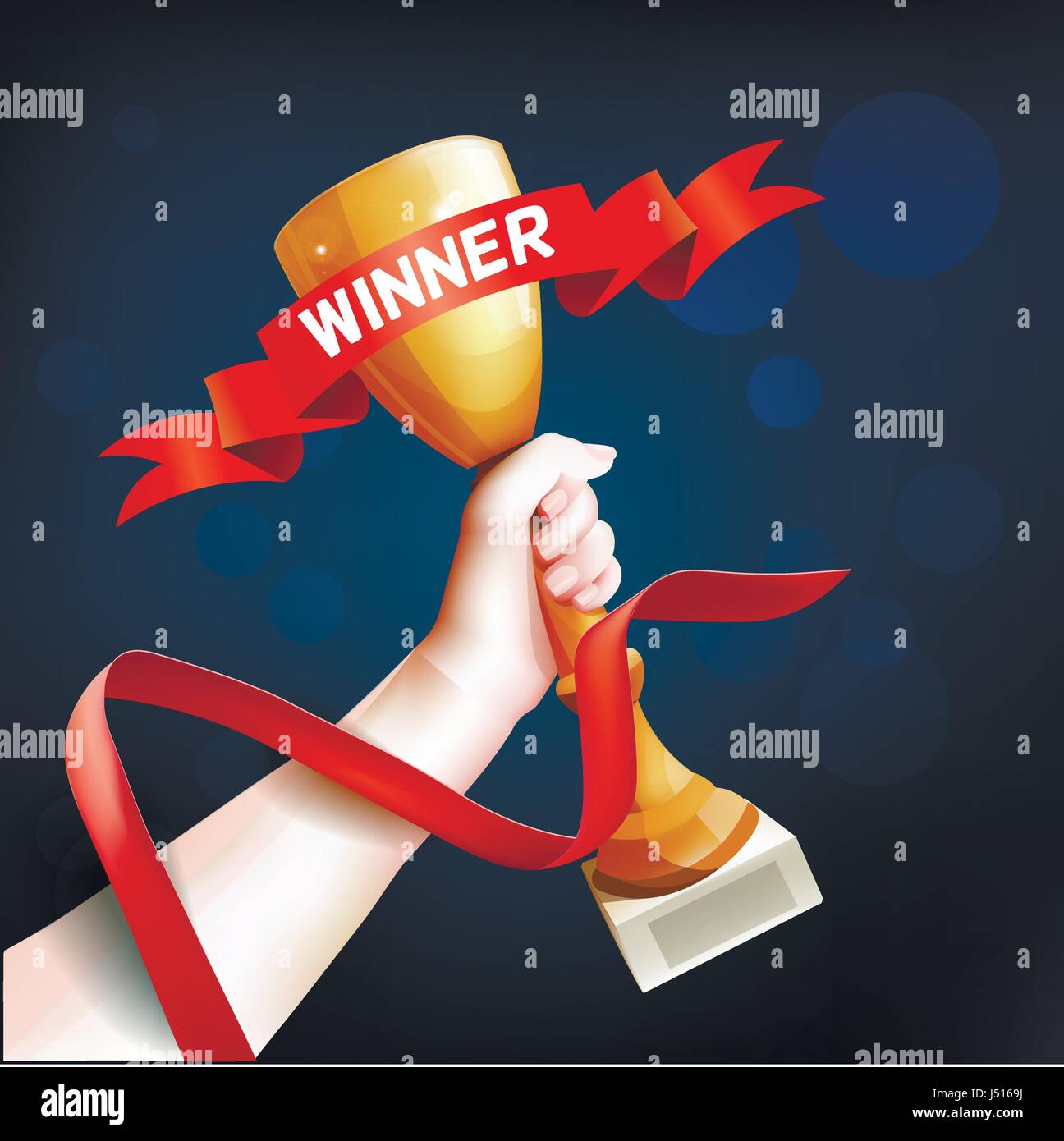 Hand Holding Up Trophy. Vector Winner Cup Illustration with Red Winner ...