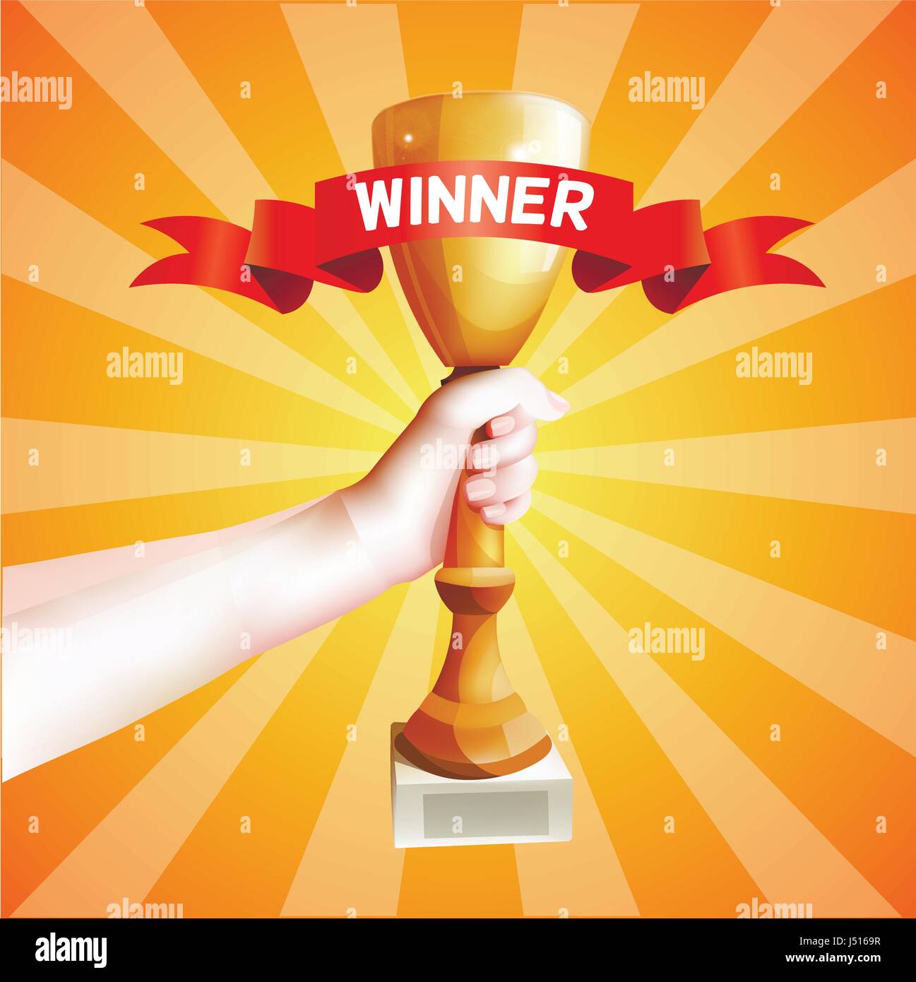 Hand Holding Up Trophy Vector Winner Cup Illustration With Red Winner
