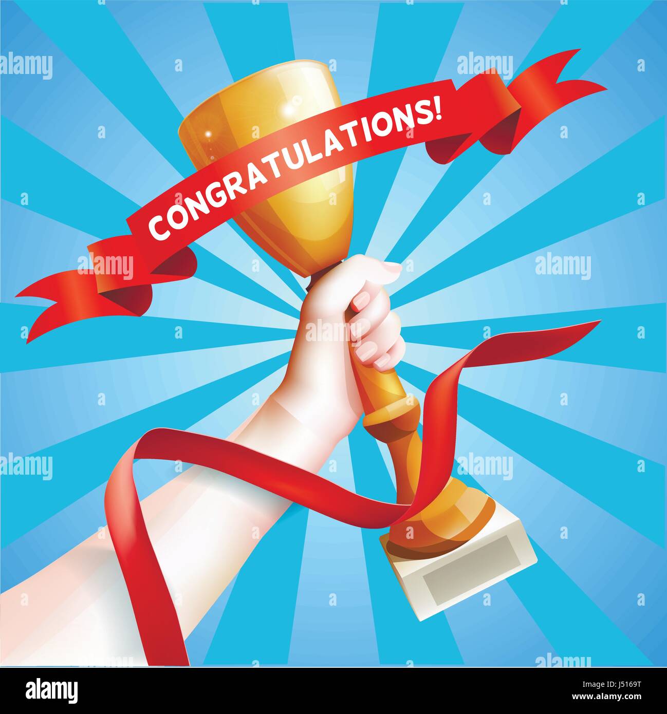 Hand Holding Up Trophy Vector Winner Cup Illustration With Red Stock