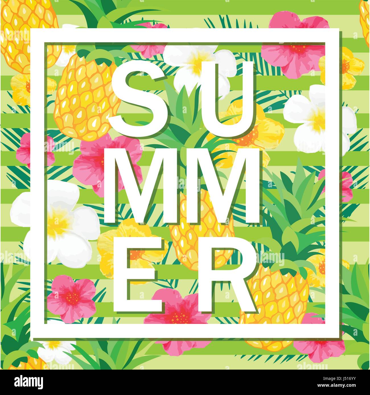 Tropical Background with Pineapple, Exotic Flowers. Summer Word. Vector ...