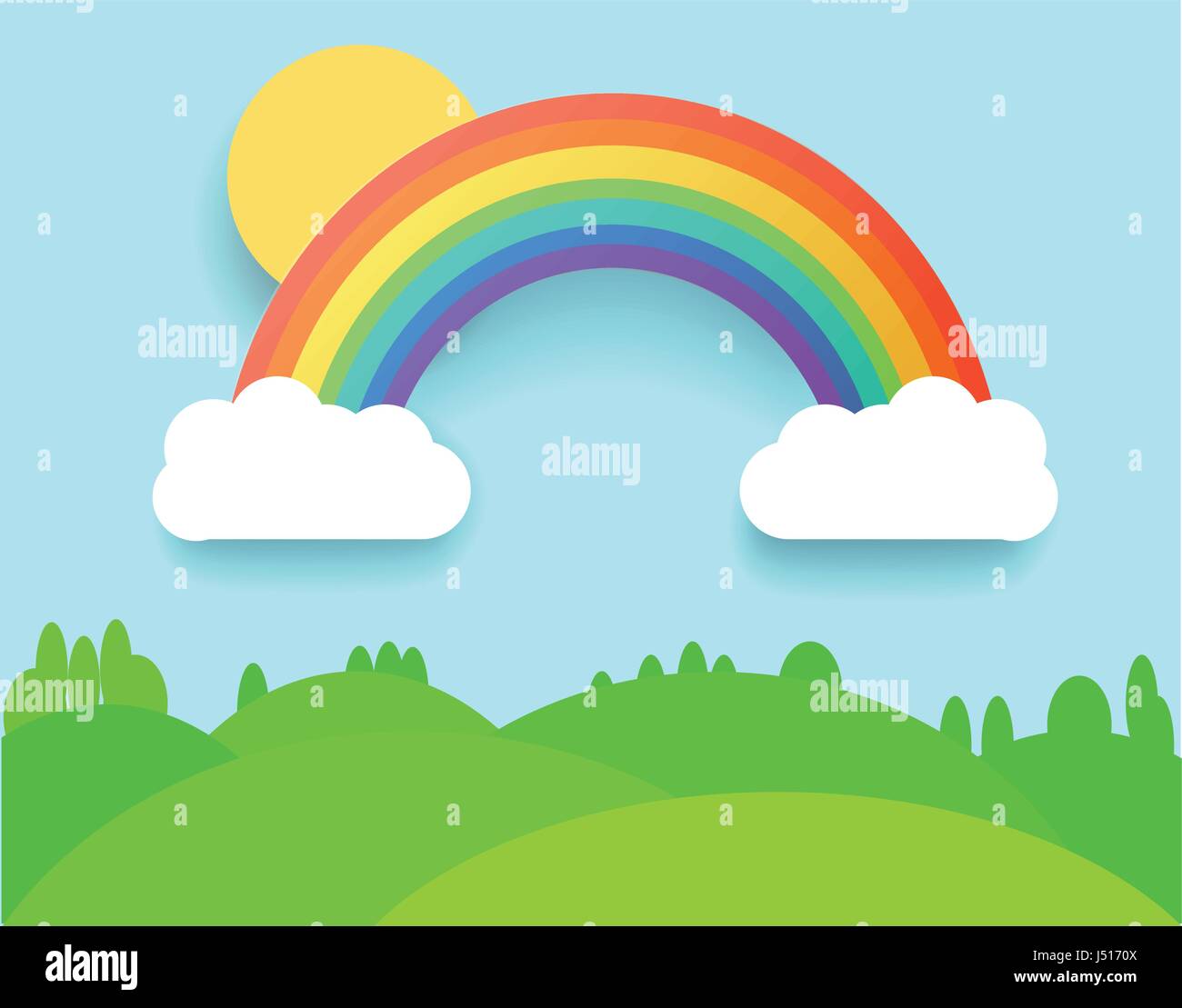 Colorful Rainbow With Clouds, Grass and Field. Vector Lanscape ...
