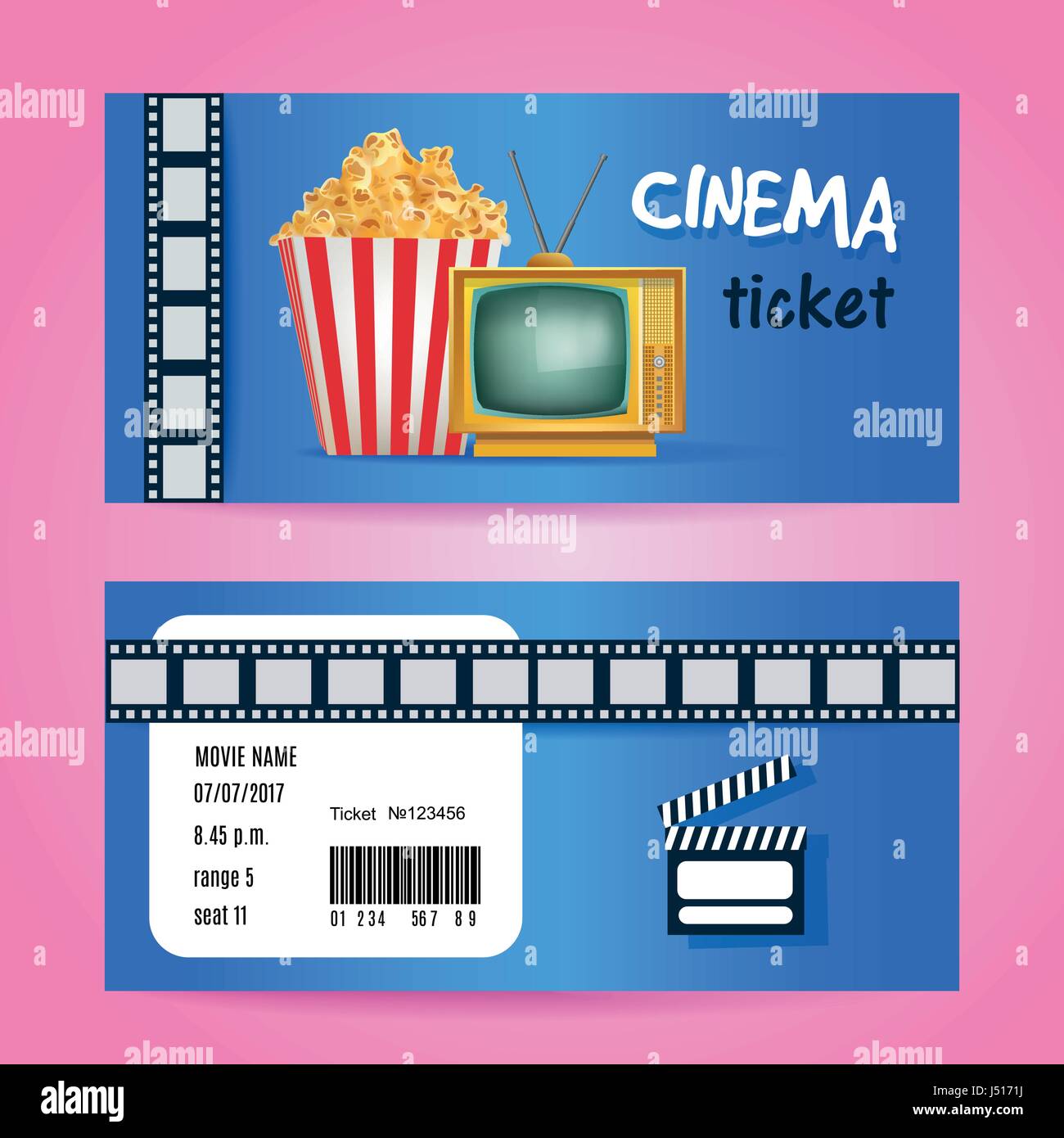 Cinema Ticket Concept. Vector Design with TV and PopCorn. Realistic ...