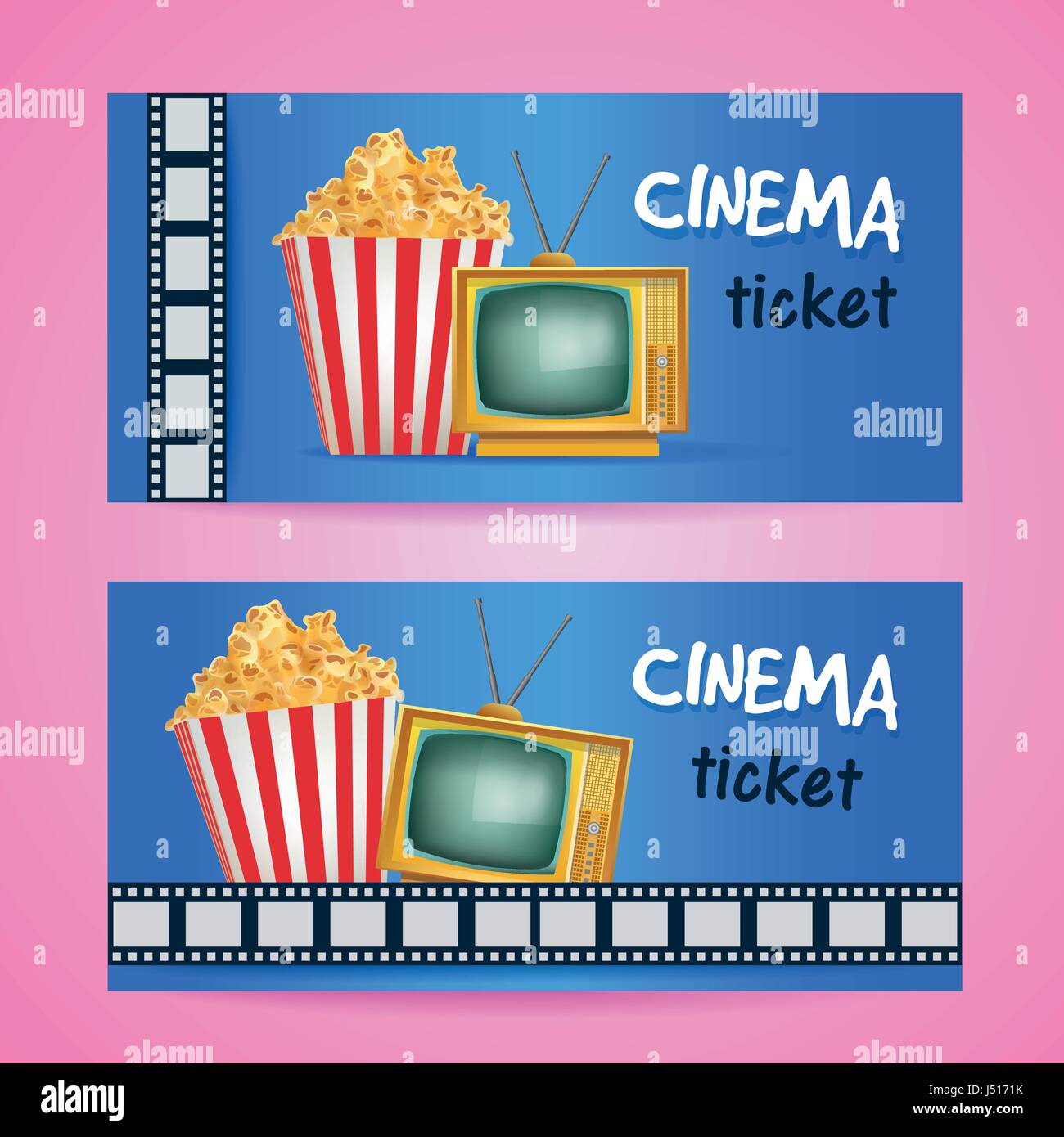 Cinema Ticket Concept. Vector Design with TV and PopCorn. Realistic ...