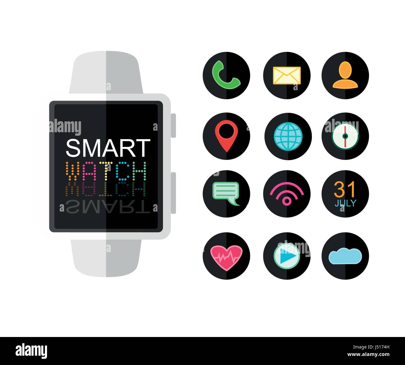 Modern Smart Watch. Set Of App Icons for Interface. Flat Style. Vector ...