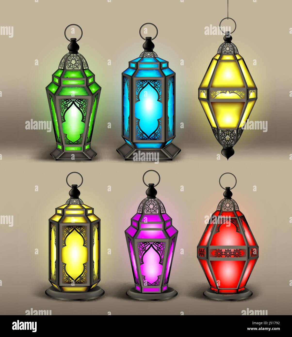 Vector Set of Elegant Arabic or Islamic Lantern or Fanous With Colorful ...