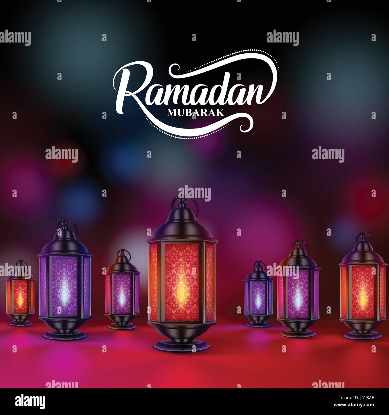 Ramadan mubarak vector design with colorful lanterns or fanoos in dark ...