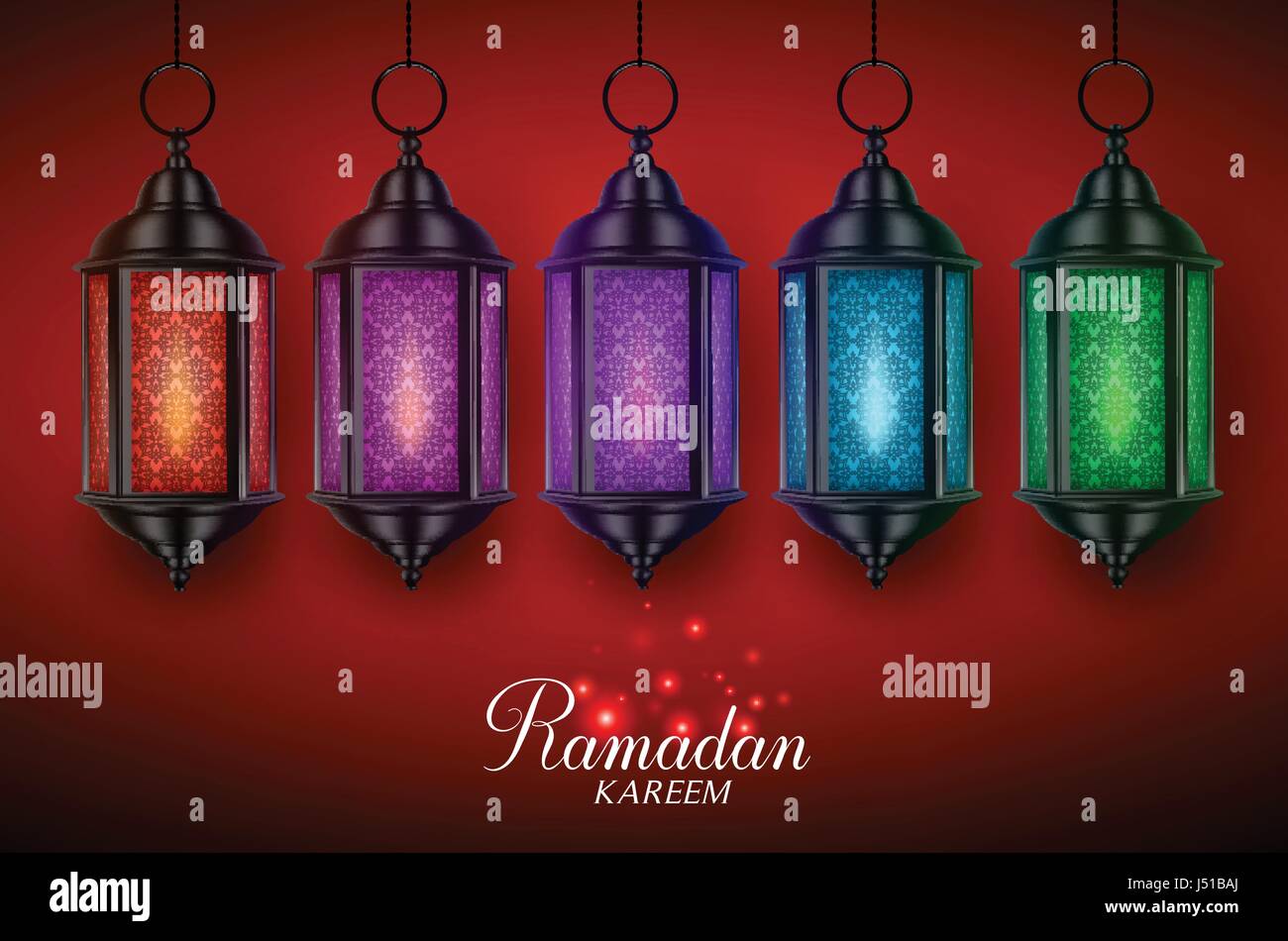 Lantern lamp or fanous vector set with colorful lights hanging in red ...
