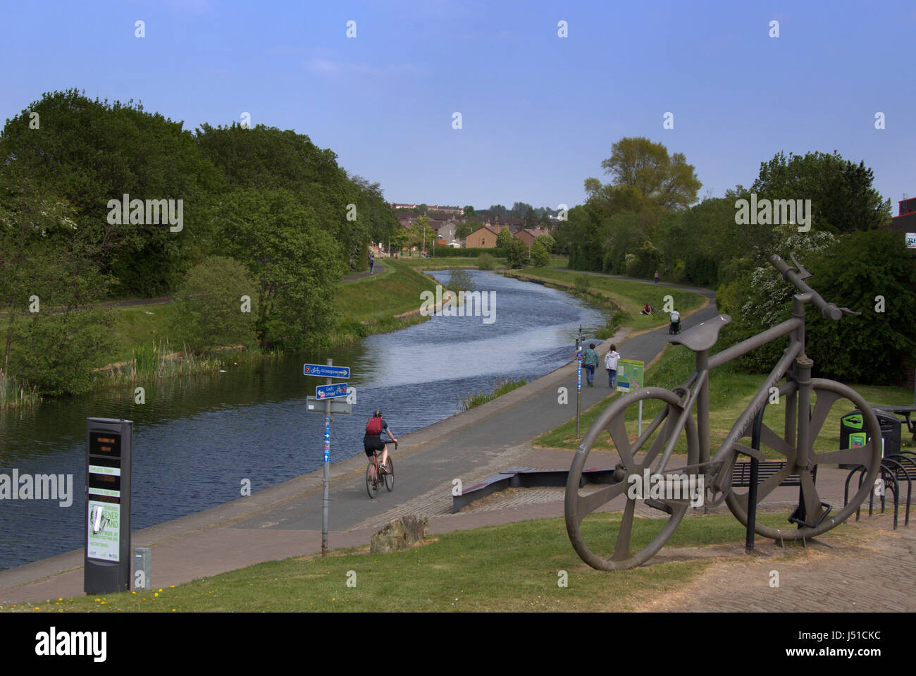 Forth and Clyde canal tow path from the bridge passing cyclist ...