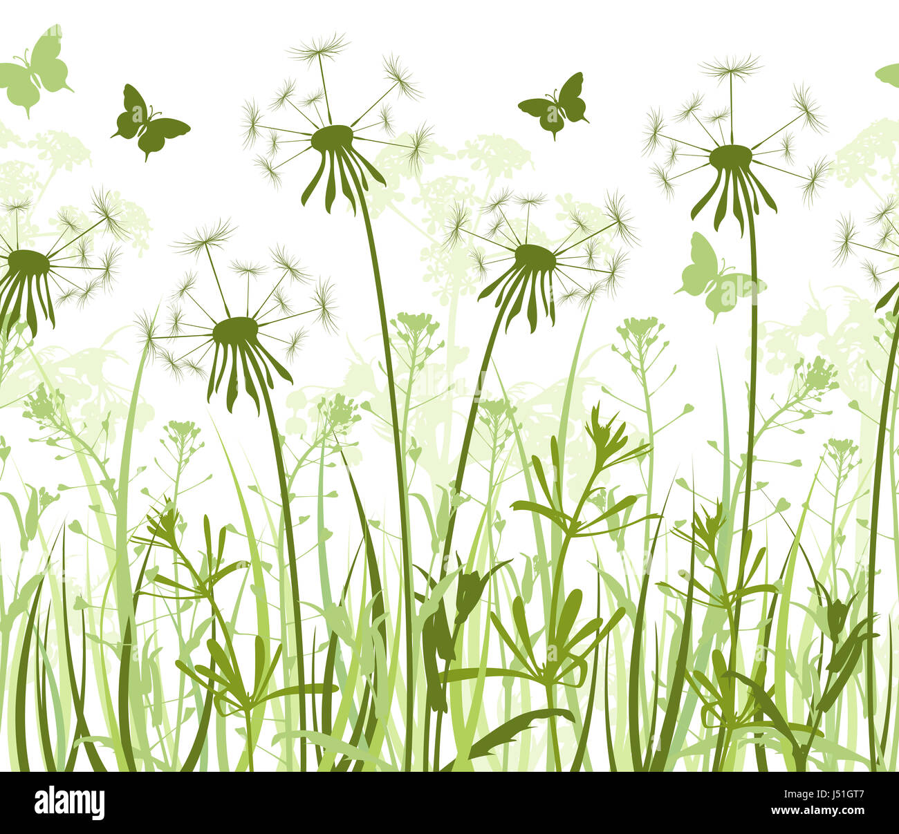 Seamless horizontal floral background with green grass, dandelions and ...