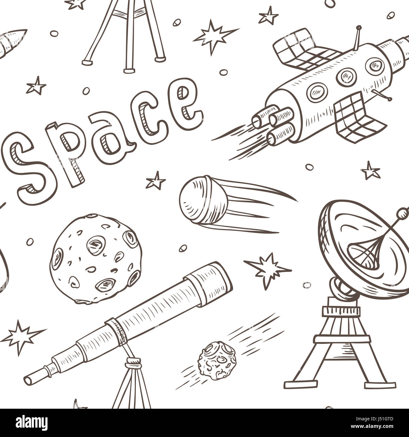 Hand drawn seamless pattern with space ships on a white background ...