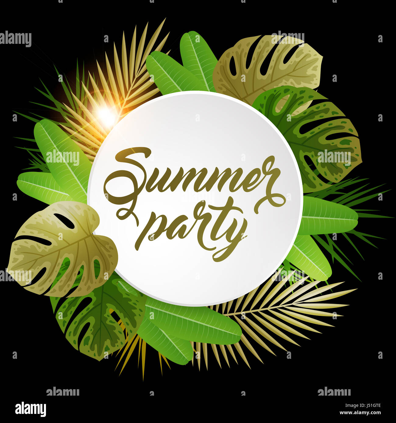 Summer round tropical background with green palm leaves. Summer party ...