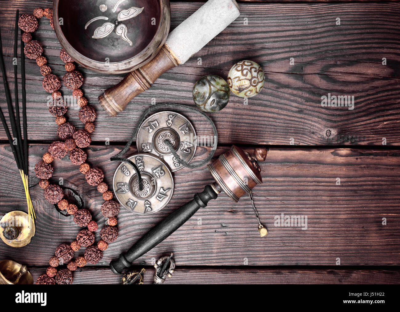 Tibetan religious objects for meditation, empty space Stock Photo - Alamy