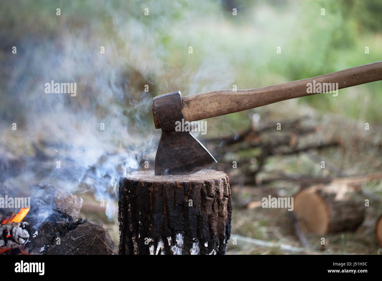 Axe in tree stump and campfire with smoke in summer forest Stock Photo ...