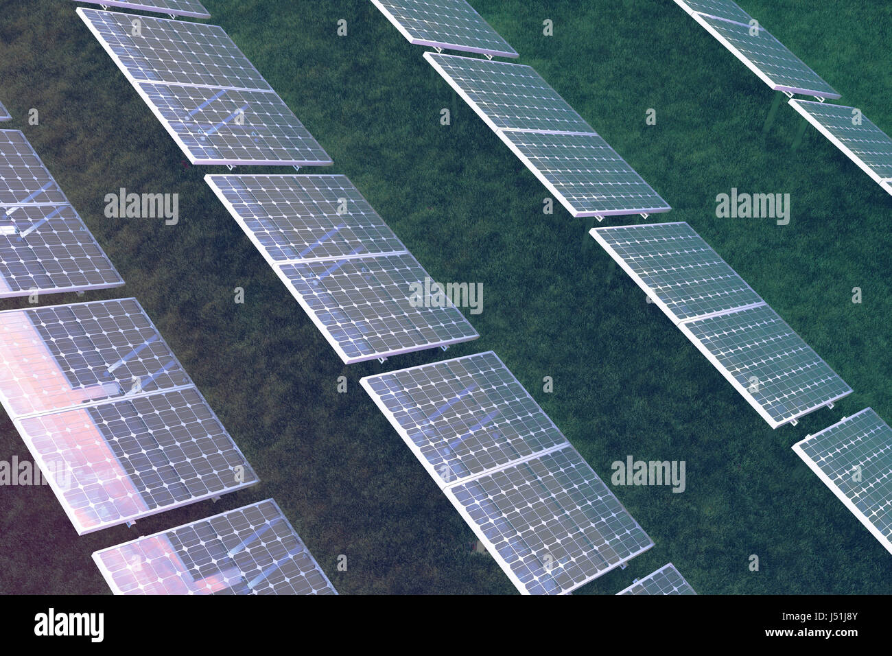 3D illustration Solar energy concept. Sunset sky reflection on ...