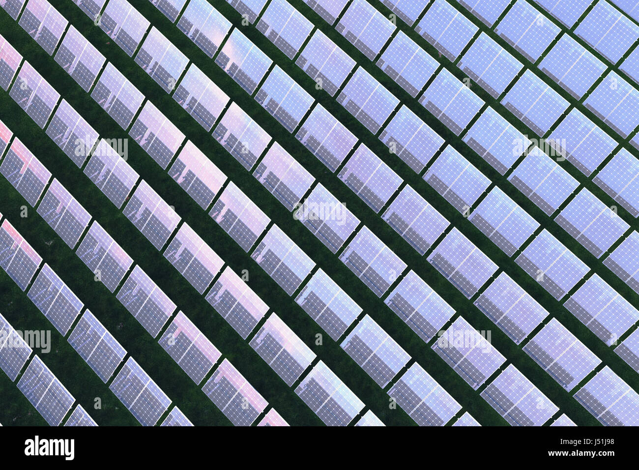 3D illustration Solar energy concept. Sunset sky reflection on ...