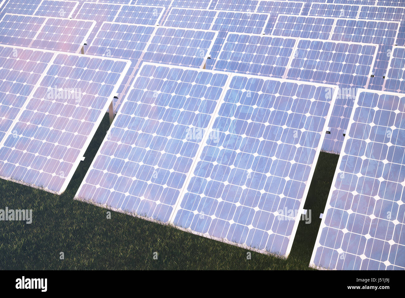 3D illustration Solar energy concept. Sunset sky reflection on ...