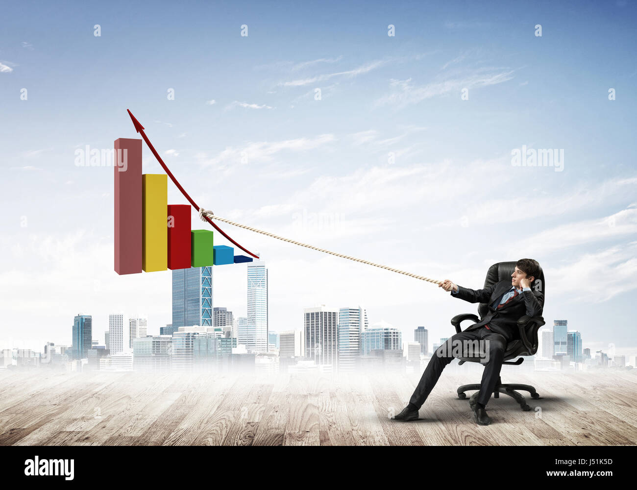 Man pulling with effort big pulling rope graph, as a symbol of ...