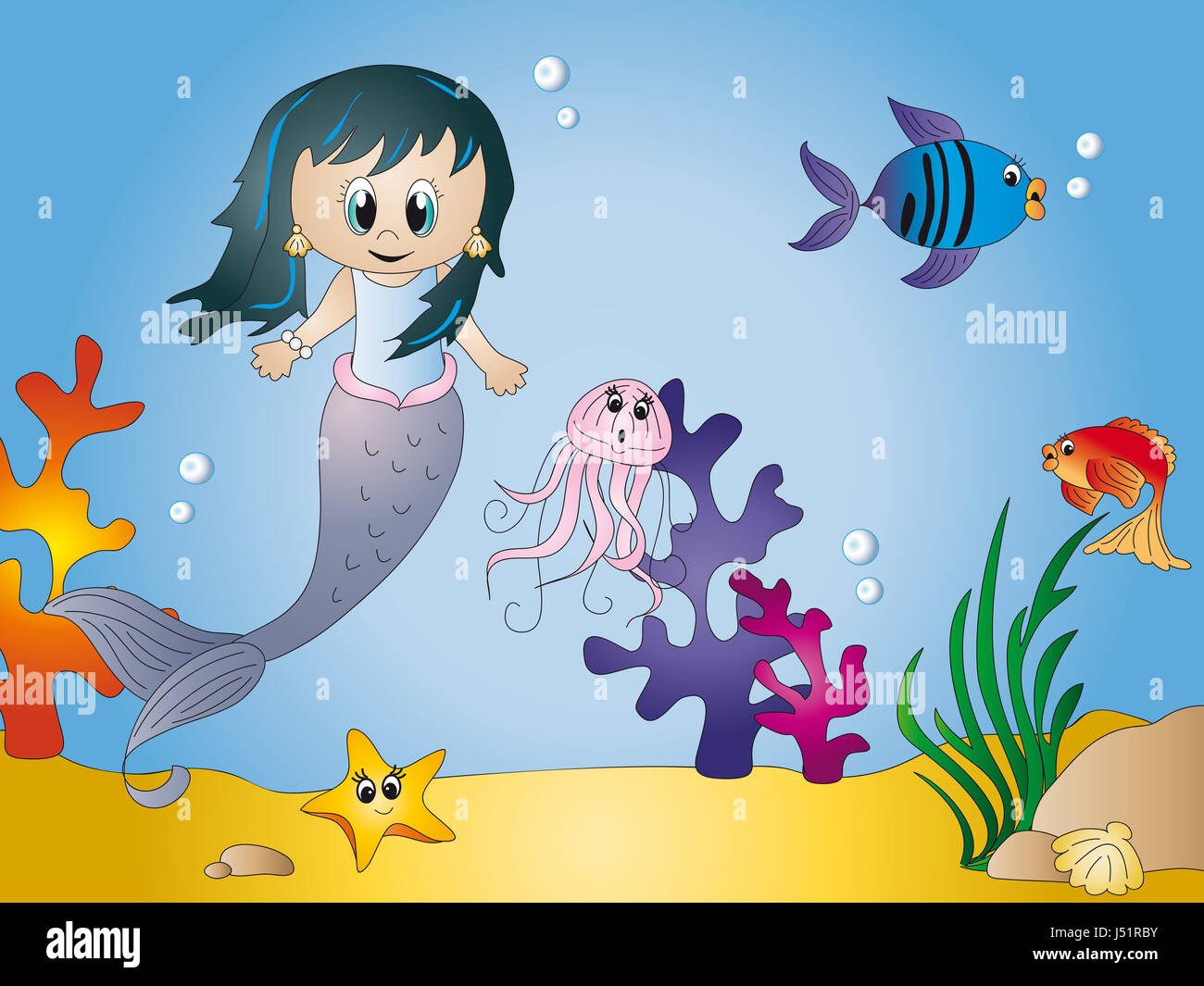 marine background with siren and fish Stock Photo - Alamy