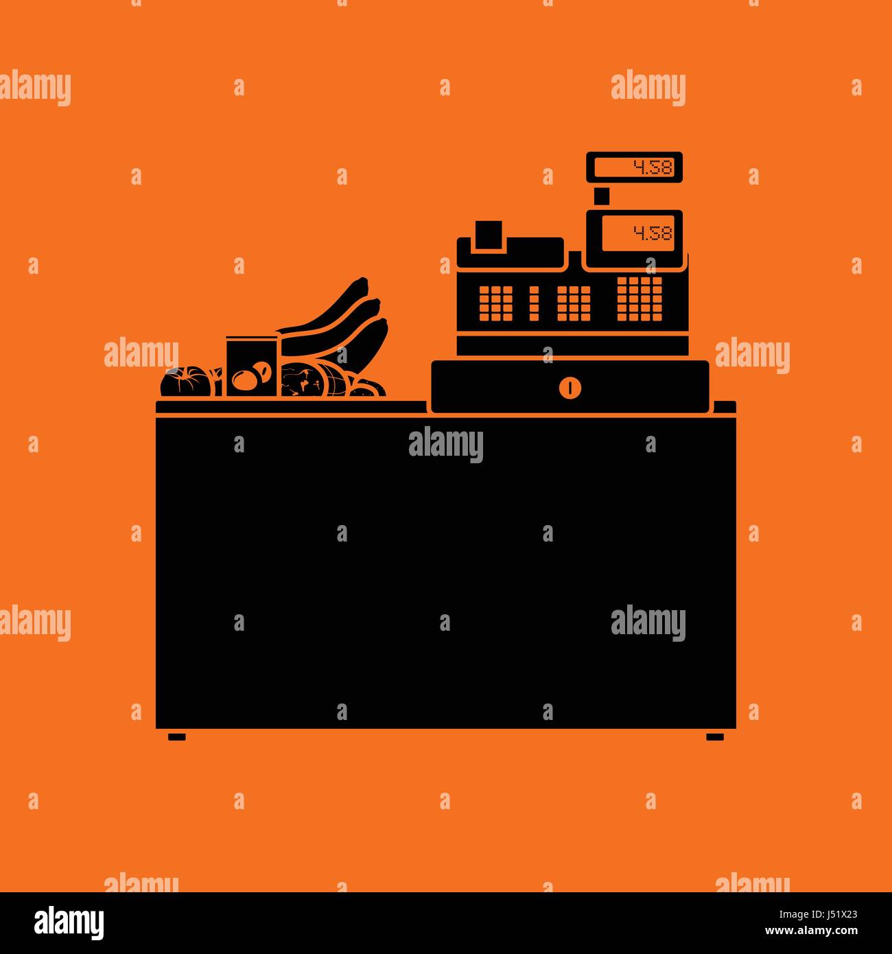 Supermarket store counter desk icon. Orange background with black ...