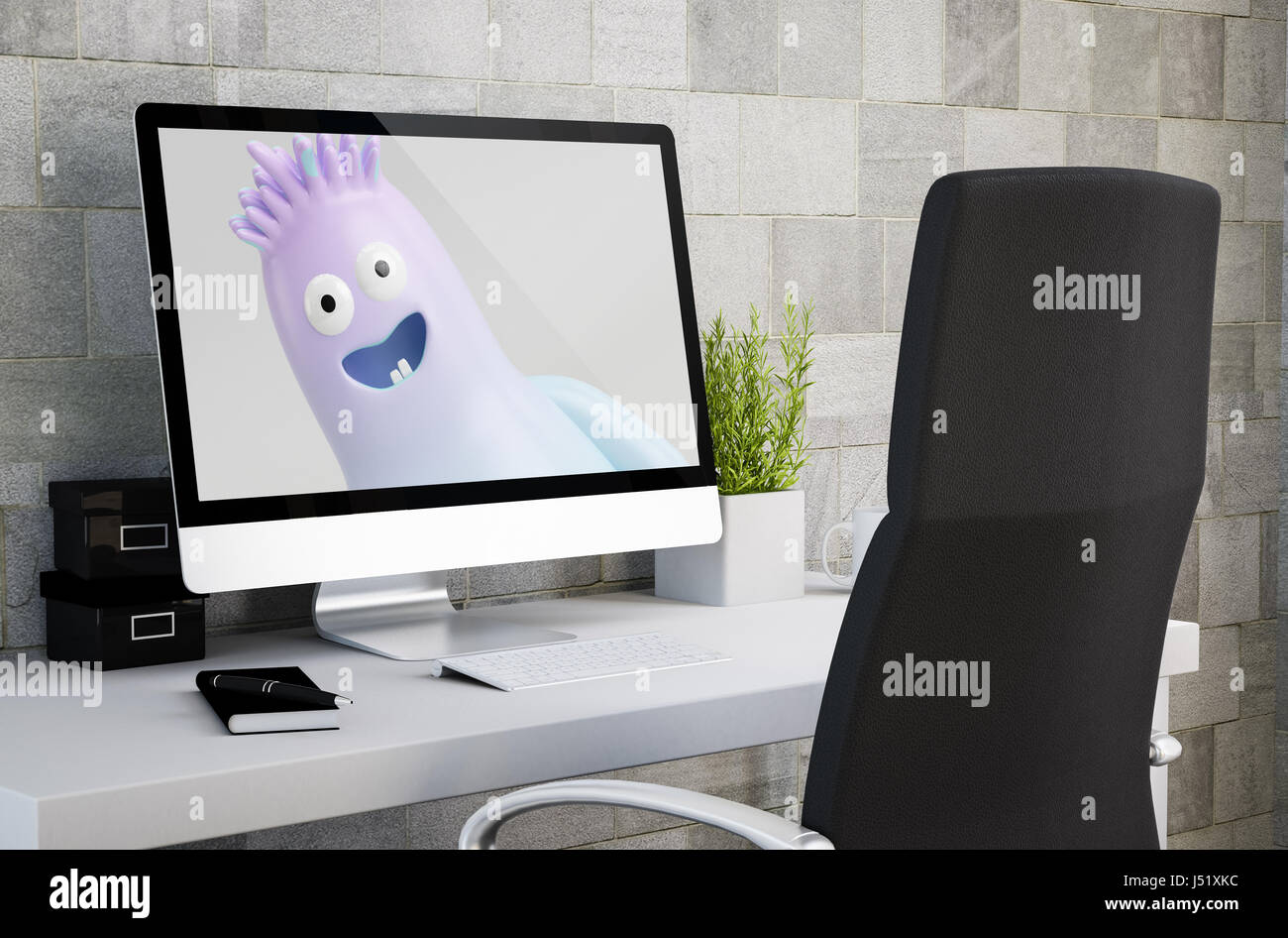 3d rendering of industrial workspace showing troll on computer screen ...