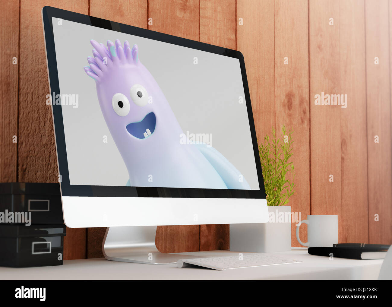 modern wooden workspace with computer showing troll on screen. All ...