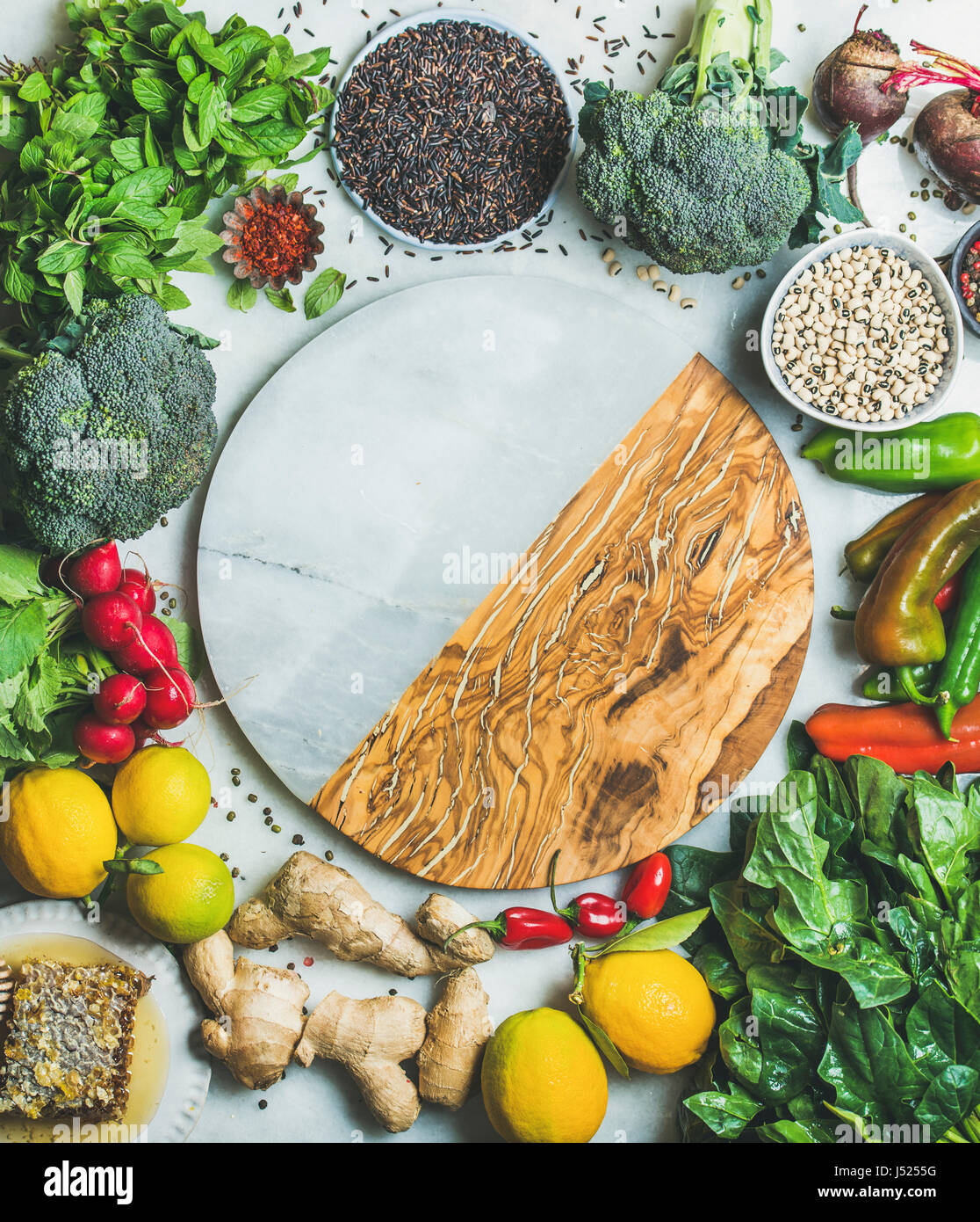 Clean eating healthy cooking ingredients. Vegetables, beans, grains ...