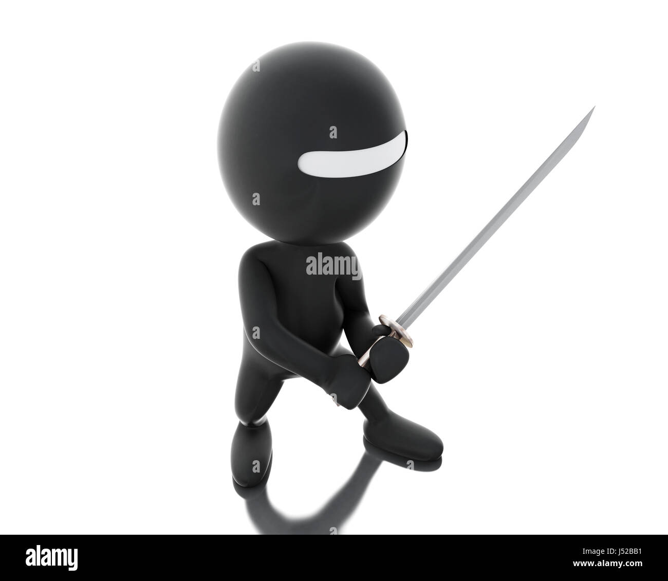 3d illustration. Ninja with sword in agressive posture. Isolated white ...