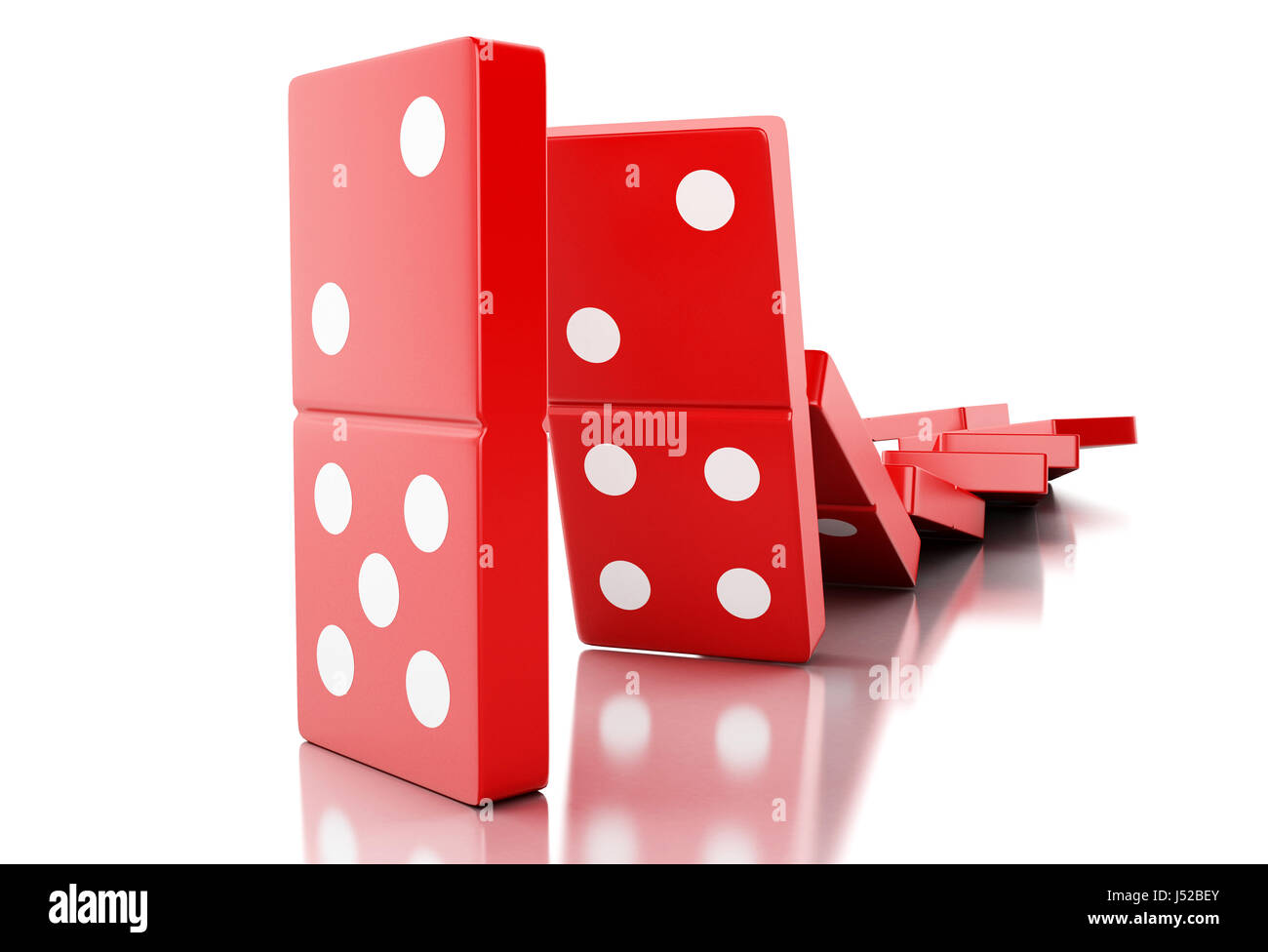 3d illustration. Red domino tiles falling in a row. Business concept ...