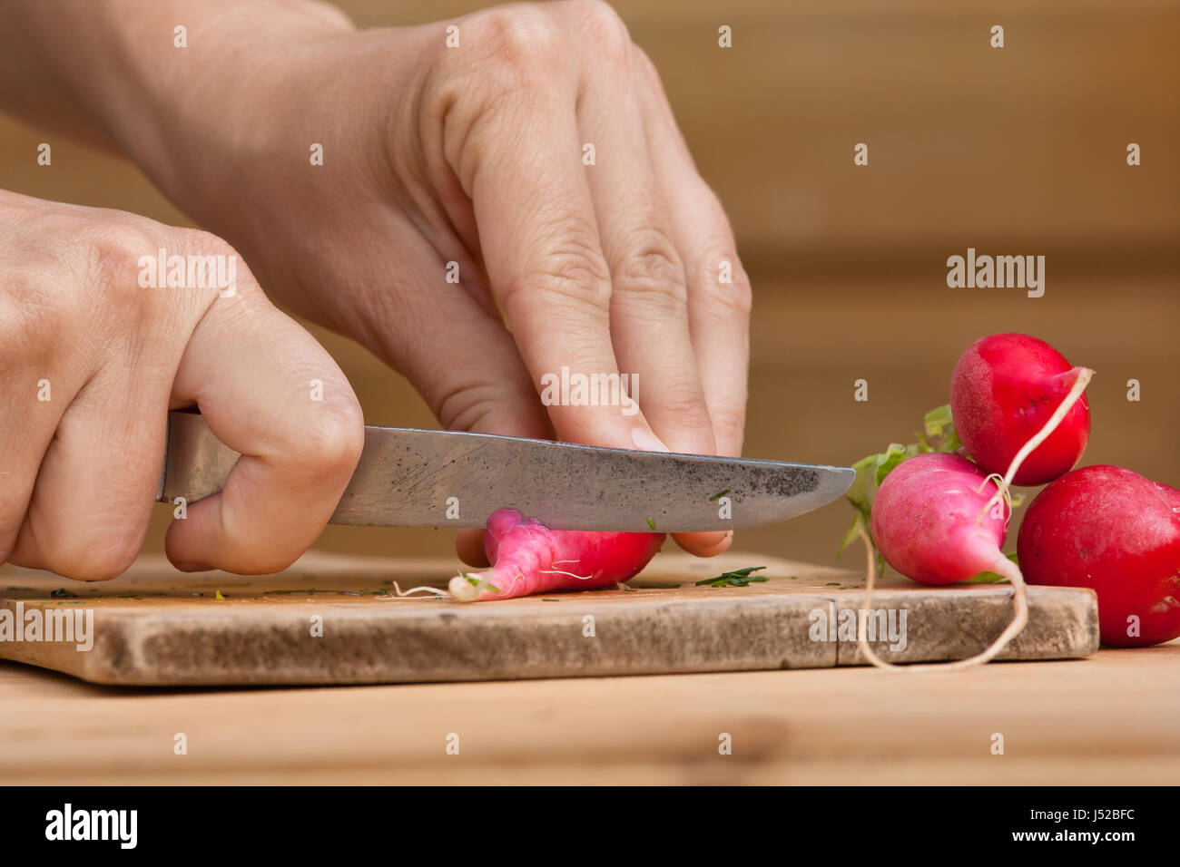 hands cutting fresh radishes on the wooden chopping board Stock Photo ...
