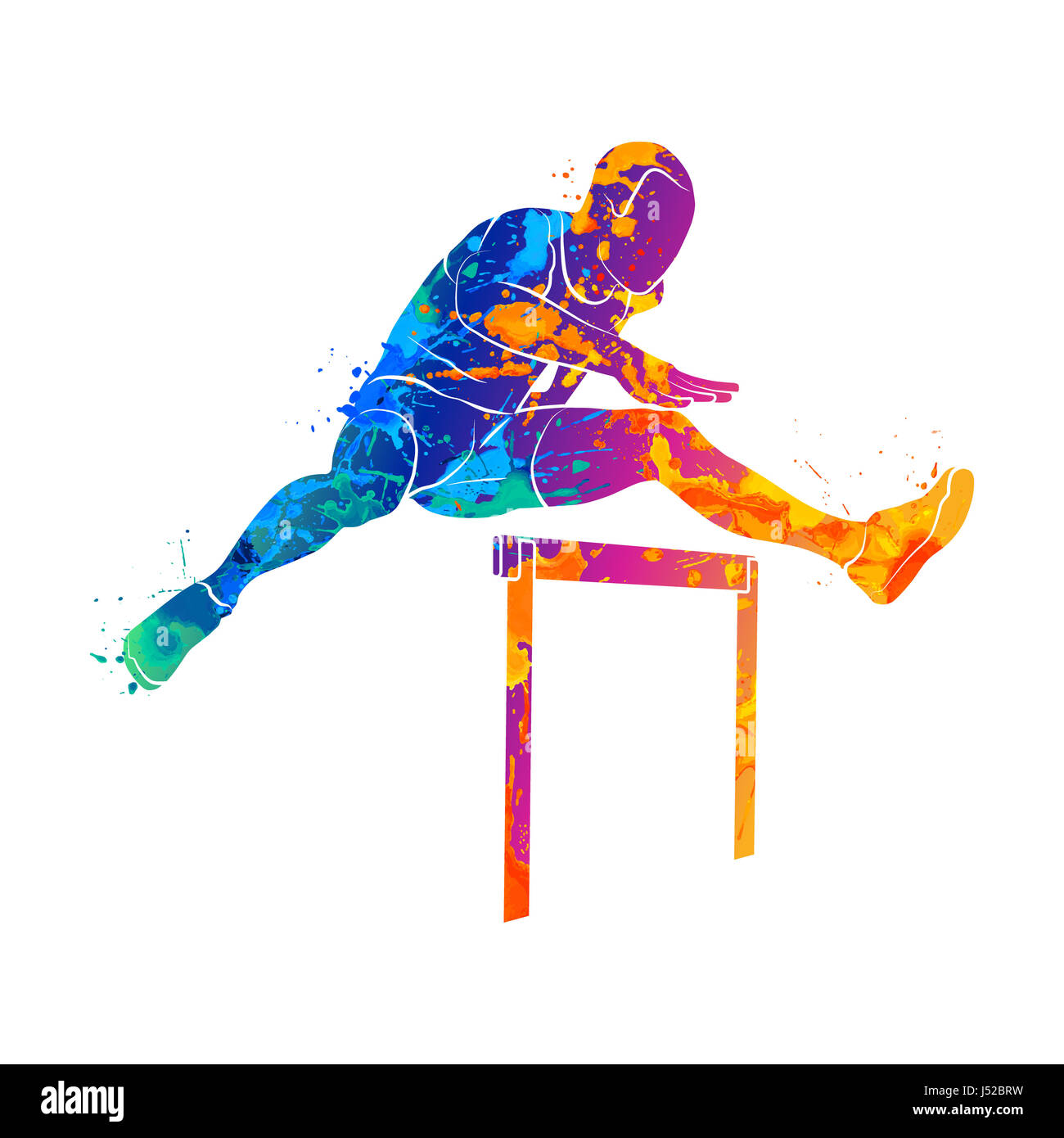 Abstract man jumping over hurdles from splash of watercolors. Photo ...