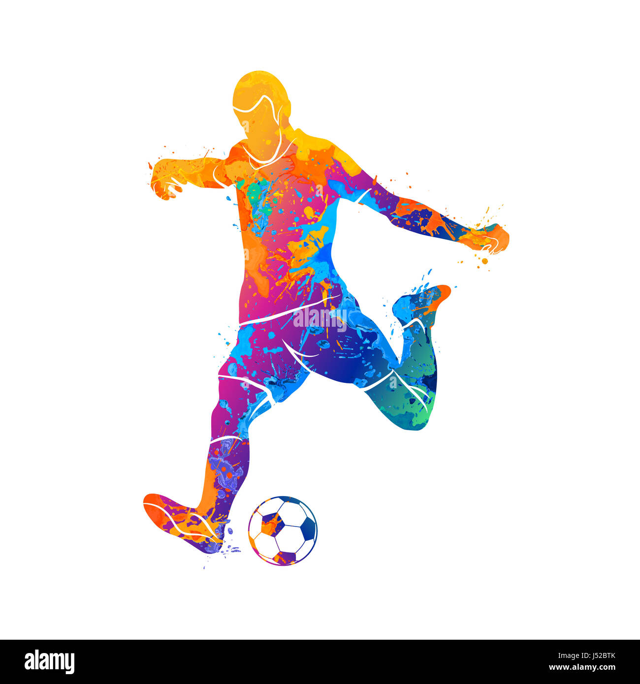 Abstract soccer player quick shooting a ball from splash of watercolors ...