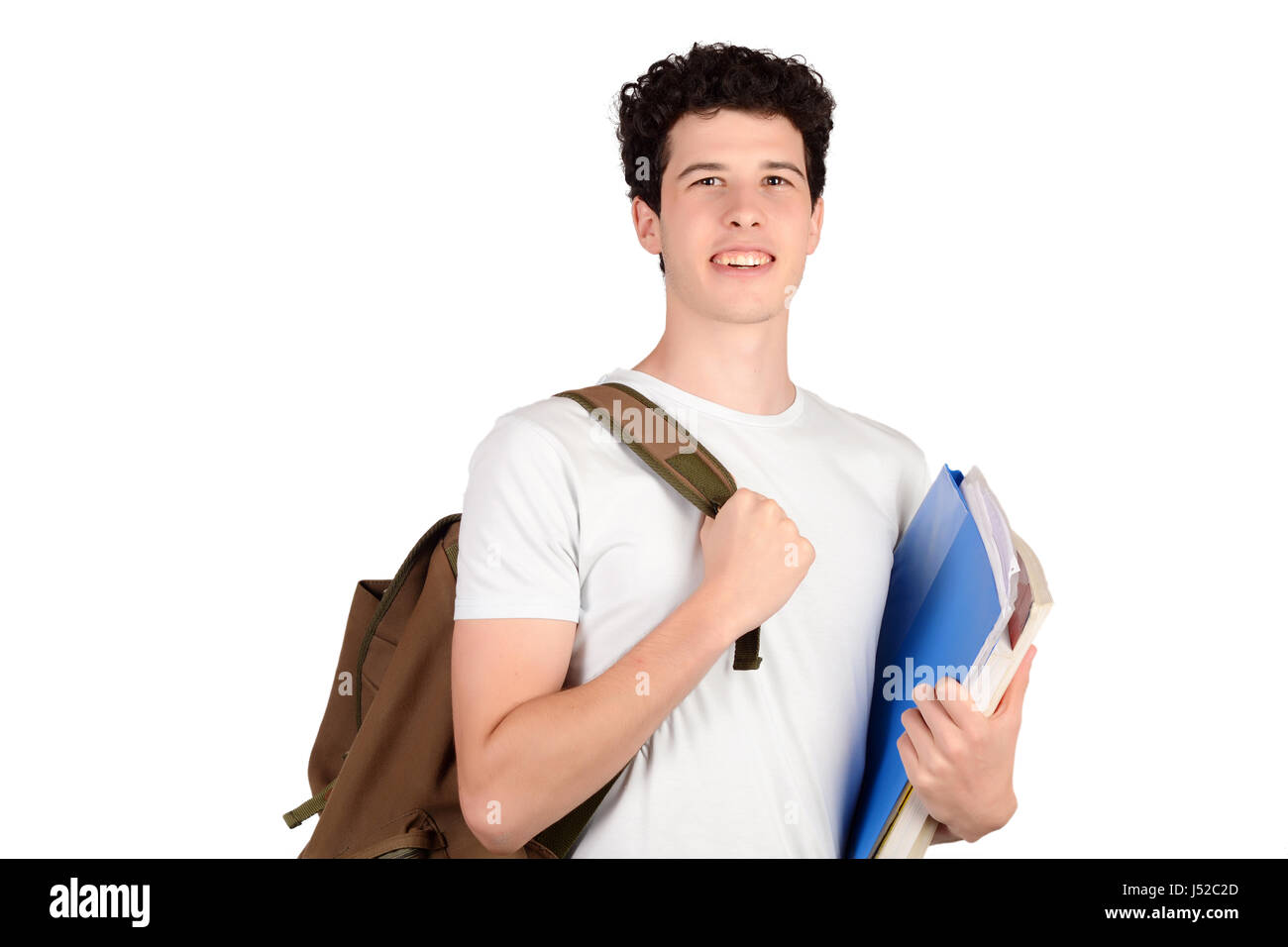 Portrait of young student holding notebook. Isolated white background ...
