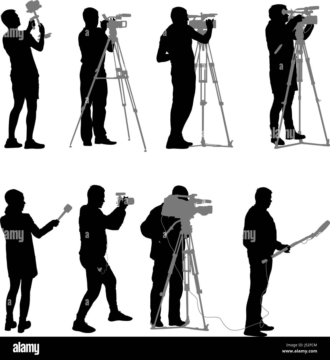 Set cameraman with video camera. Silhouettes on white background Stock ...