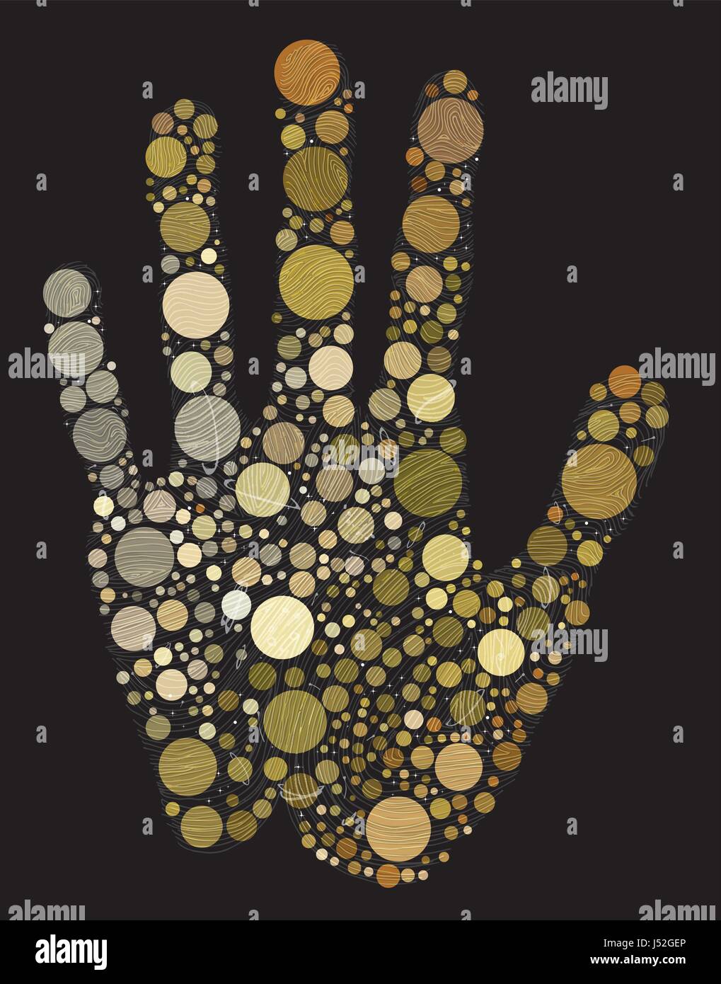 vector illustration of hand print full of stars and planets. space at ...