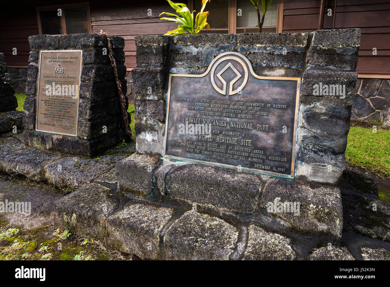 World Heritage plaque at the visitor center, Hawaii Volcanoes National ...