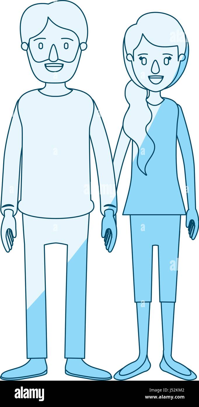 blue silhouette shading cartoon full body couple woman with ponytail ...