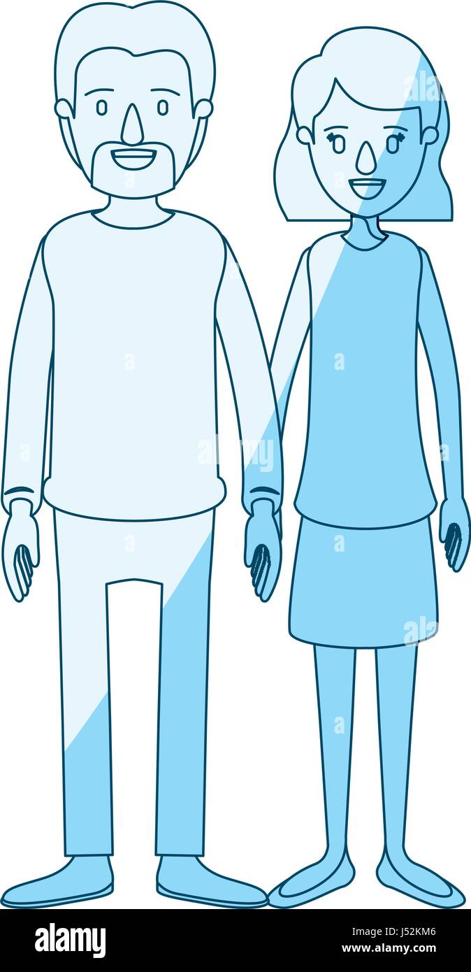 blue silhouette shading cartoon full body couple woman with wavy short ...