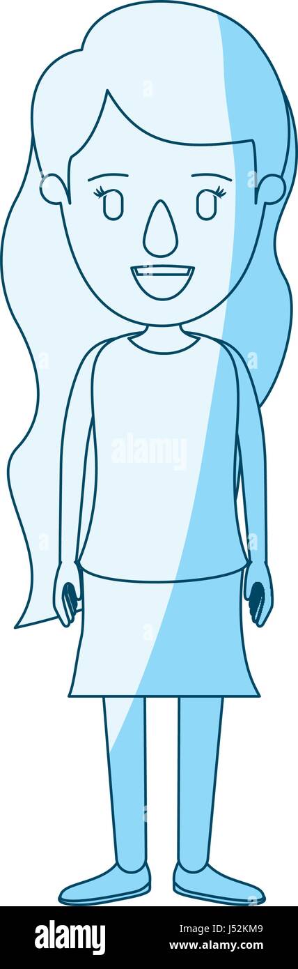 blue silhouette shading cartoon full body woman with wavy long hair in ...