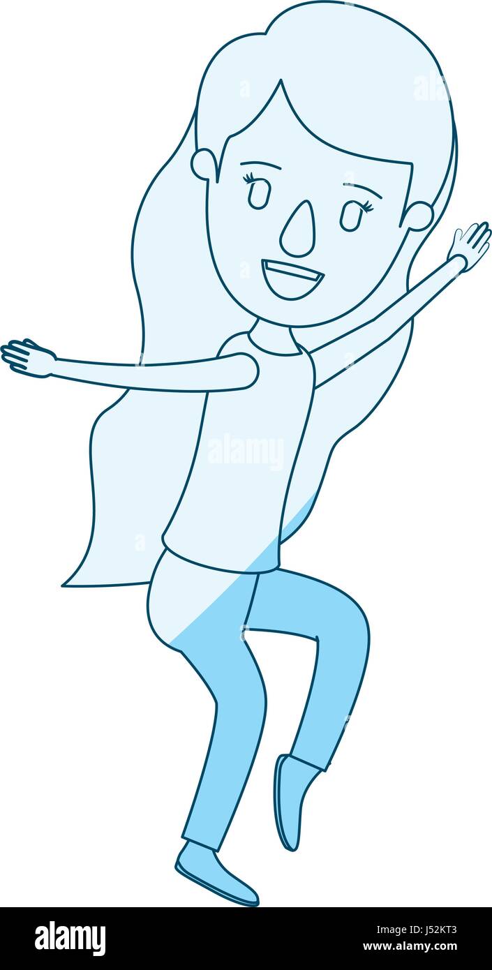blue silhouette shading caricature full body woman with long wavy hair ...