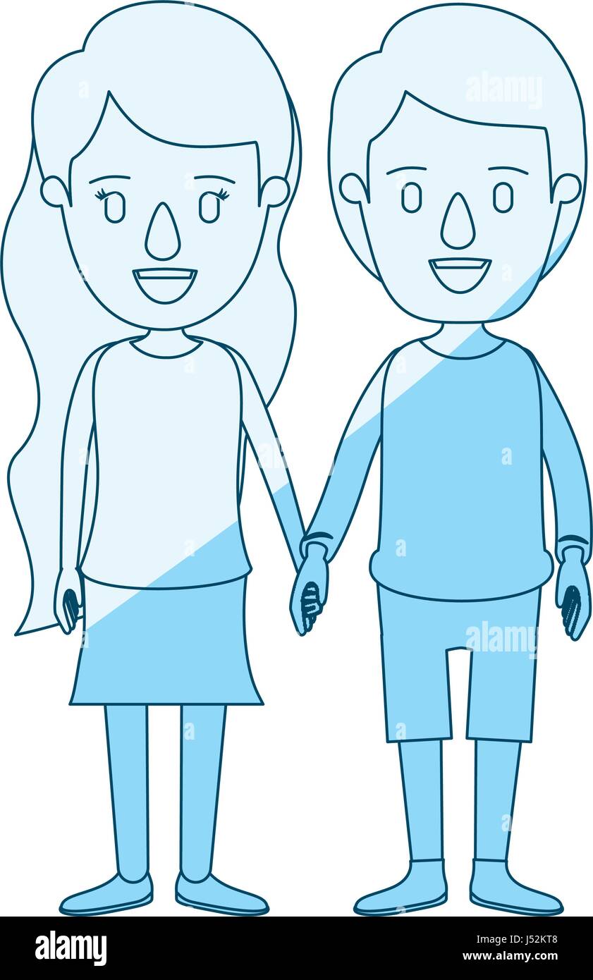 blue silhouette shading caricature full body couple in casual clothing ...