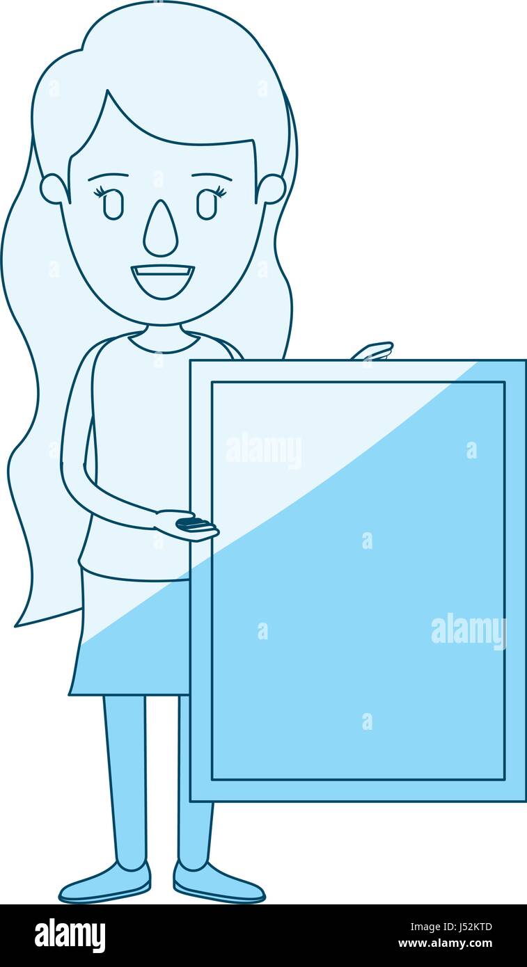 blue silhouette shading caricature full body woman holding a square ...