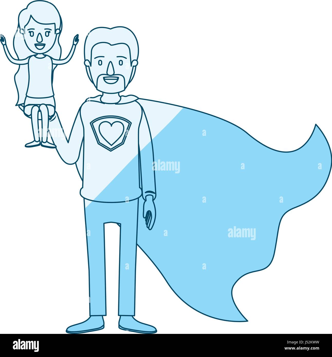 blue silhouette shading cartoon full body super dad hero with girl on ...