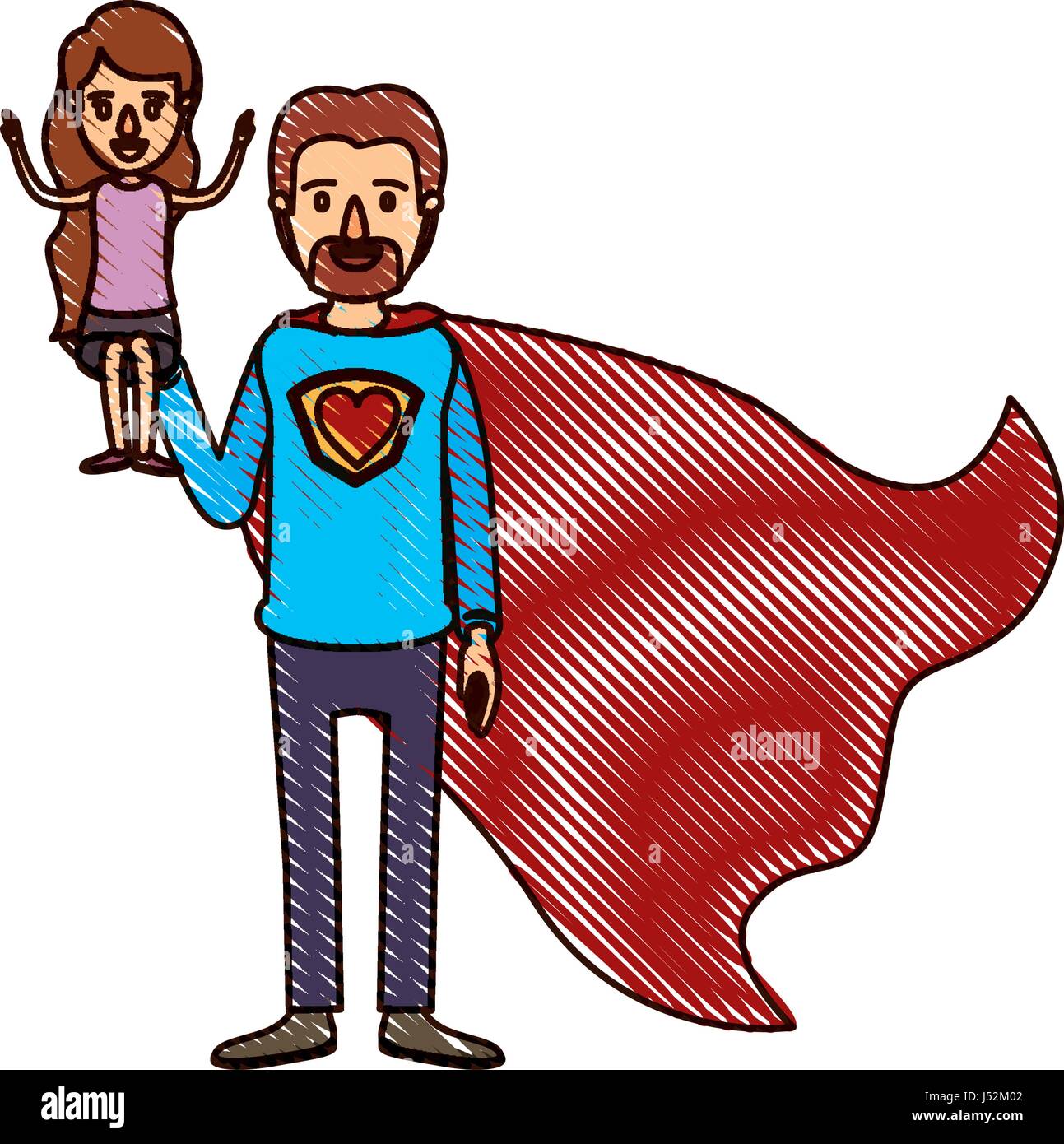 color crayon stripe cartoon full body super dad hero with girl on his ...