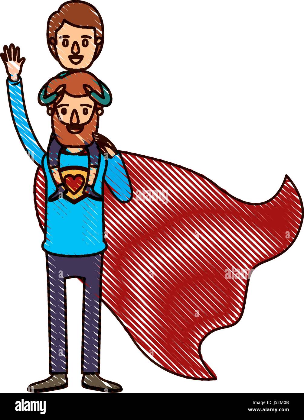 color crayon stripe cartoon full body super dad hero with boy on his ...